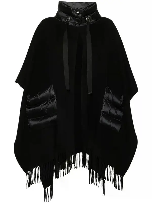 Herno Virgin Wool-cashmere Blend Resort Cape With Down Feather Filling And Fringe Detailing - Black