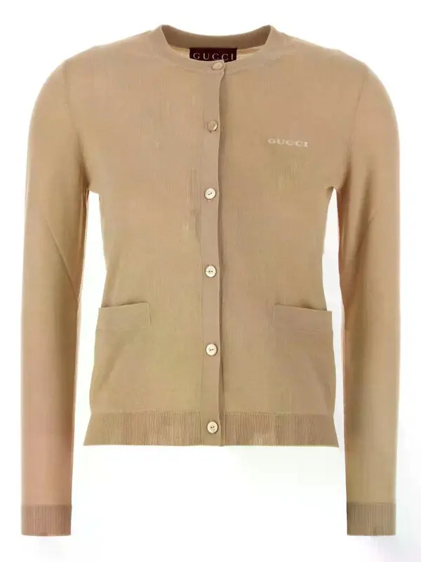 Gucci Beige Cashmere-silk Cardigan With Embroidered Logo