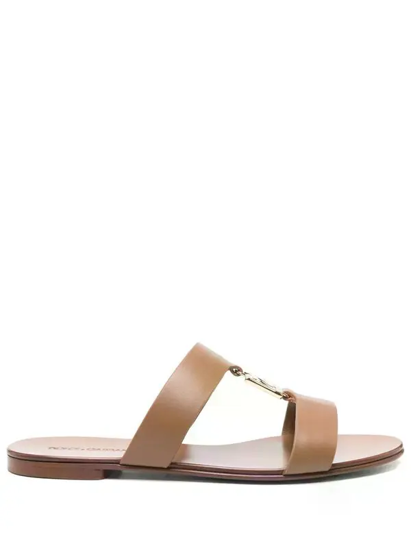 Dolce & Gabbana Leather Slides With Logo Plaque - Brown