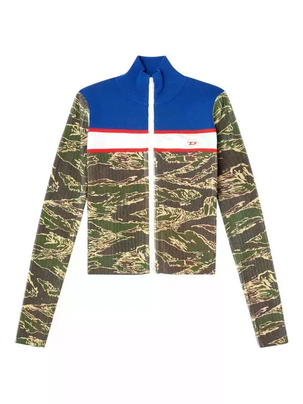 DIESEL® Ribbed Tiger Print Zip-up Sweater - Blue