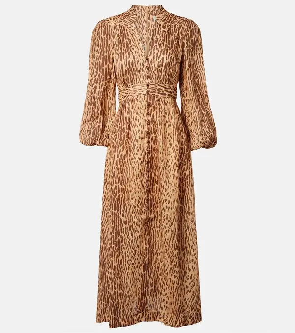 Zimmermann Cascadian Leopard-print Linen Midi Dress - Brown