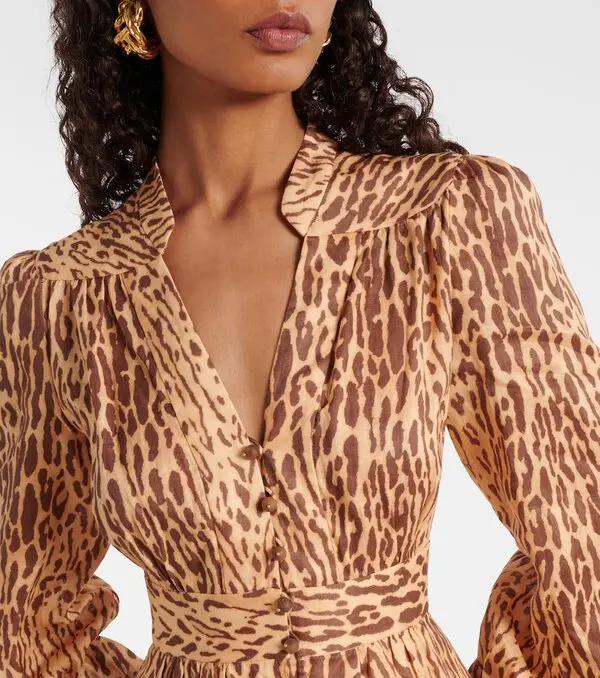 Zimmermann Cascadian Leopard-print Linen Midi Dress - Brown