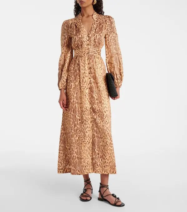 Zimmermann Cascadian Leopard-print Linen Midi Dress - Brown