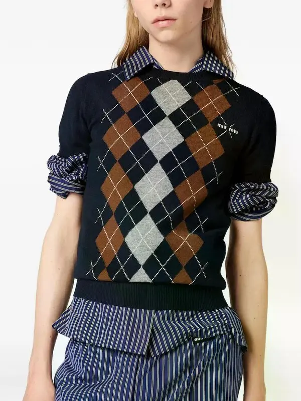 Miu Miu Cashmere Argyle Crew Neck Sweater
