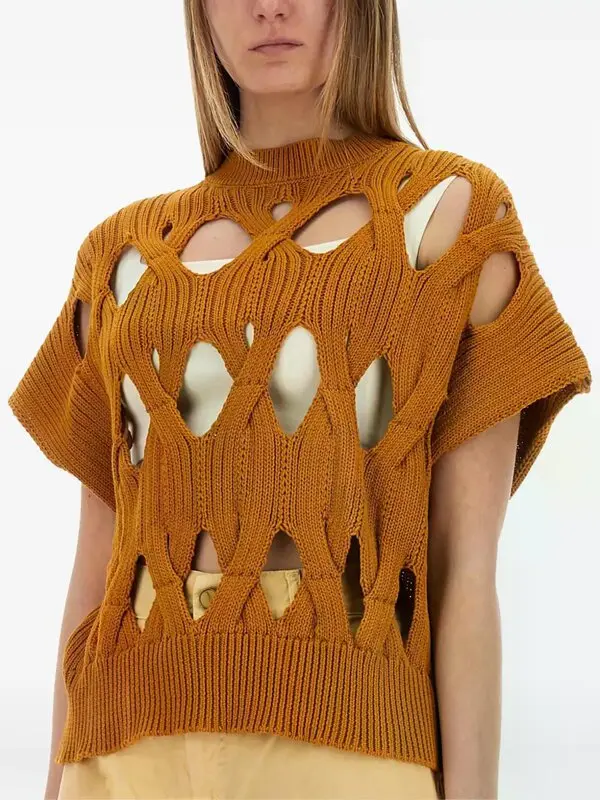 ALYSI Short Sleeve Cable Knit Sweater - Brown