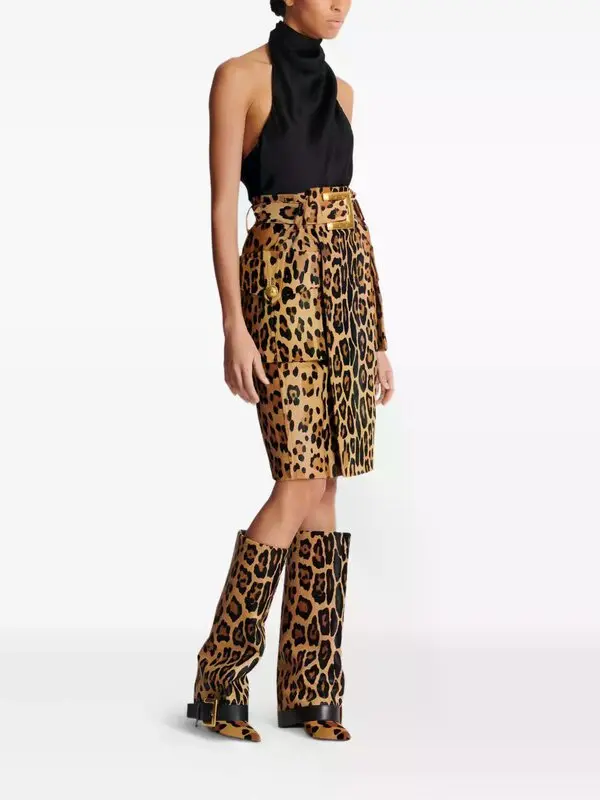 Balmain Leopard Print Belted Midi Skirt
