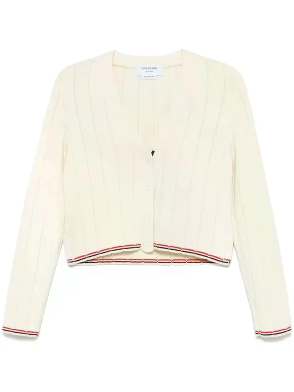 Thom Browne Merino Wool V-neck Cardigan With Rwb Stripe Detailing
