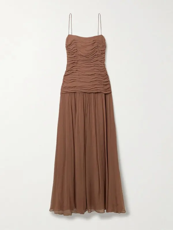 Staud Dalton Ruched Crepon Maxi Dress - Brown