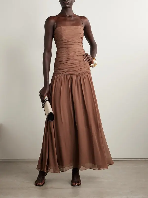 Staud Dalton Ruched Crepon Maxi Dress - Brown