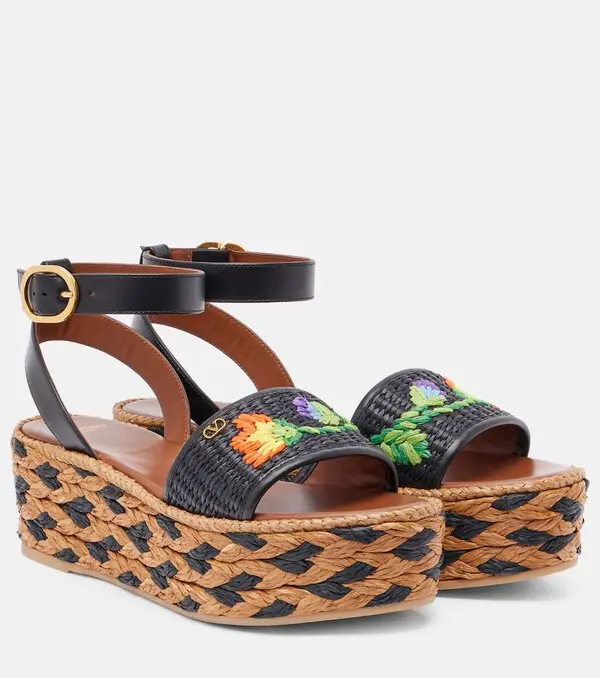 Valentino Garavani Raffia Espadrille Wedges With Embroidered Detail - Multicoloured