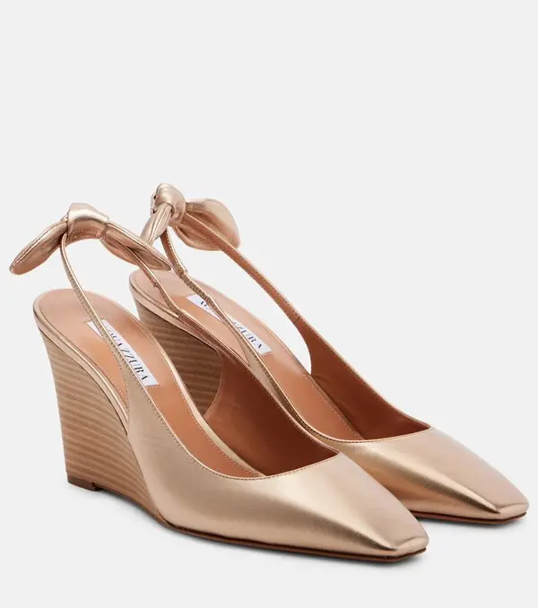 AQUAZZURA Very Bow Tie 85 Leather Wedges - Beige