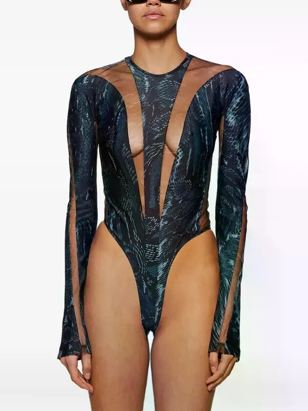 MUGLER Long-sleeve Snake-print Mesh Bodysuit