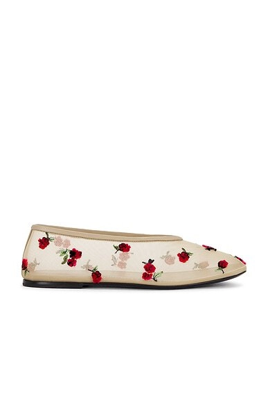 Khaite Marcy Embroidered Floral Mesh And Calfskin Leather Ballet Flats - Nude & Raspberry