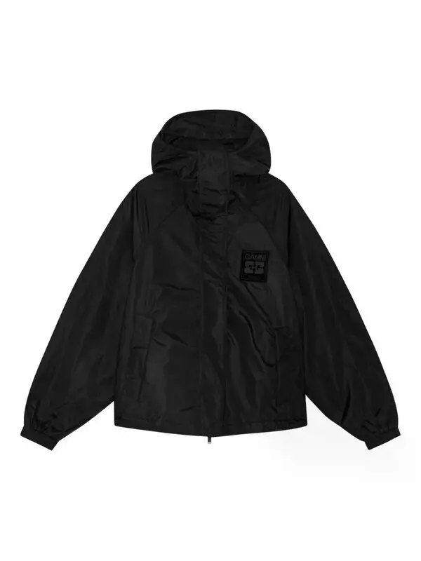 GANNI Hooded Jacket With Logo Patch - Black