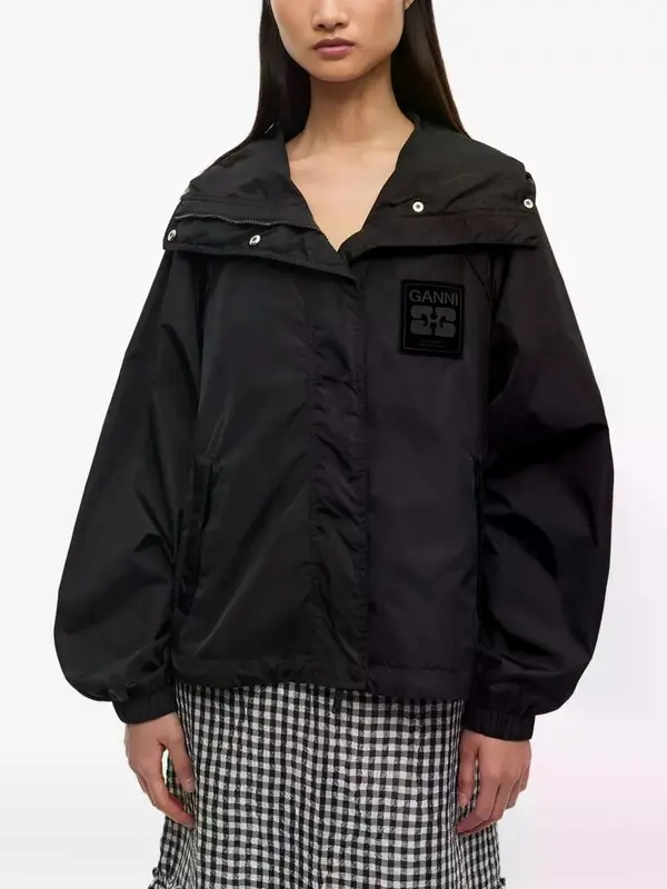 GANNI Hooded Jacket With Logo Patch - Black
