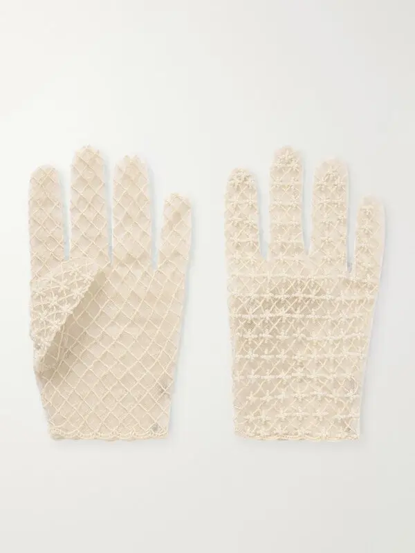 CLIO PEPPIATT Embellished Embroidered Tulle Gloves - Neutrals