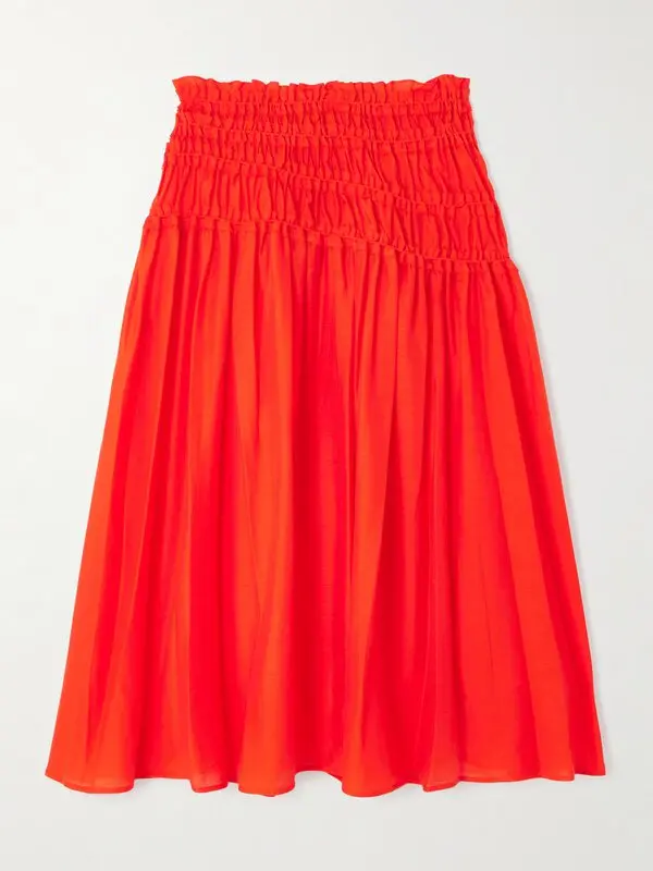 Tory Burch Ruffled Shirred Lyocell-blend Midi Skirt - Red