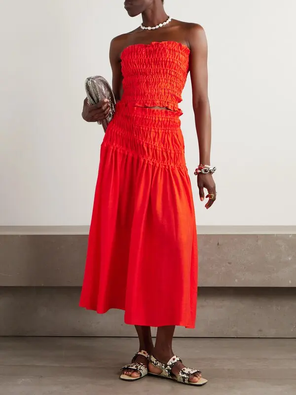 Tory Burch Ruffled Shirred Lyocell-blend Midi Skirt - Red