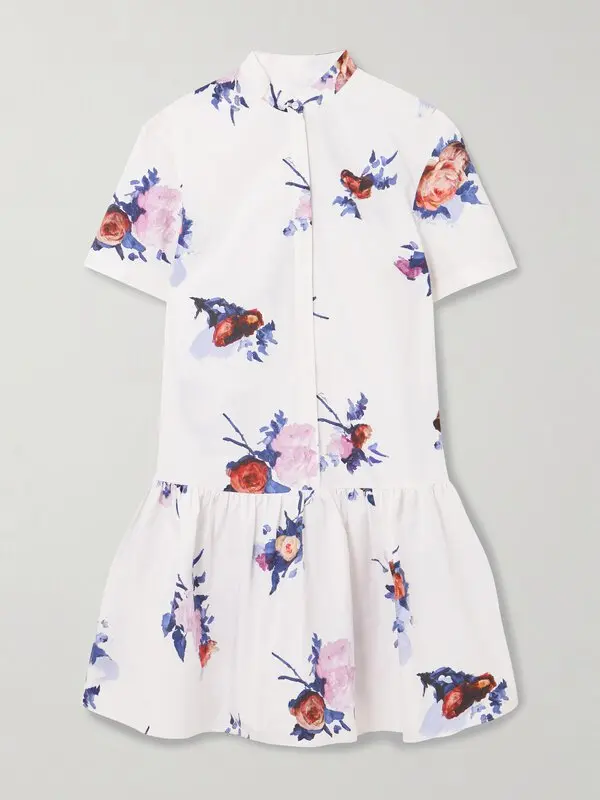 Erdem Tiered Floral-print Cotton-poplin Mini Shirt Dress - Multi