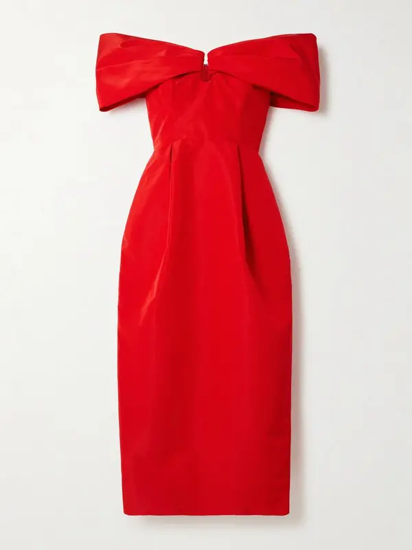 Carolina Herrera Off-the-shoulder Pleated Silk-faille Midi Dress - Red