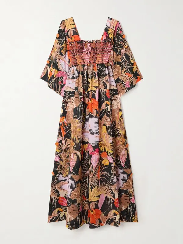 Loretta Caponi Malibu Smocked Printed Cotton Midi Dress - Multi