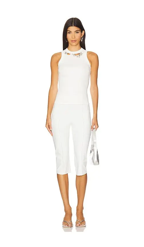 AREA Distressed Crystal Ribbed Knit Tank Top - Ivory