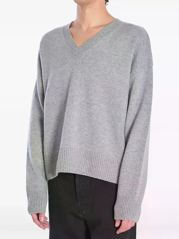 AMI Paris V-neck Ribbed Sweater With Embroidered Logo