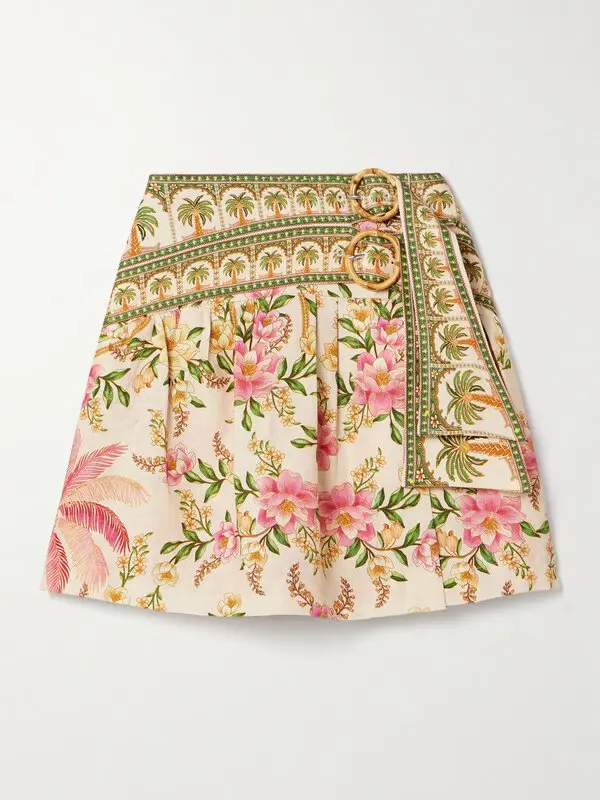 Farm Rio Belted Wrap-effect Pleated Floral-print Linen Mini Skirt - Multi