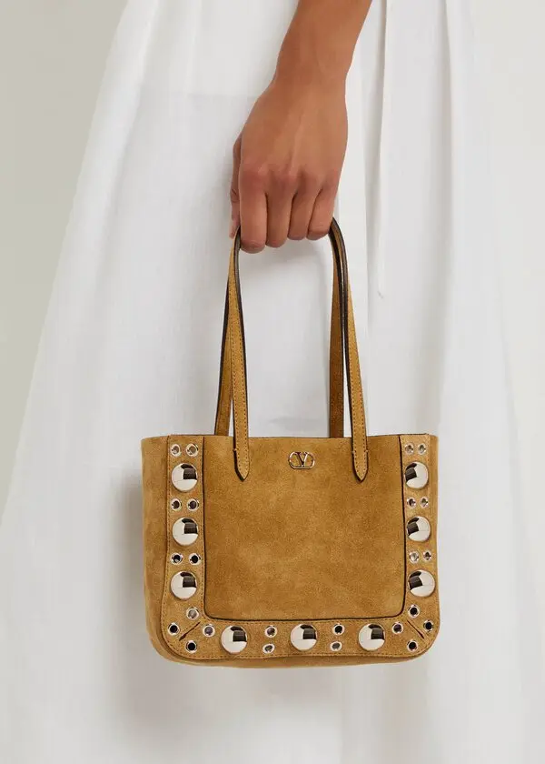 Valentino Garavani Mini Studded Suede Tote - Camel