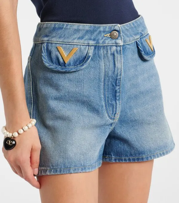 Valentino Garavani Vgold Mid-rise Denim Shorts