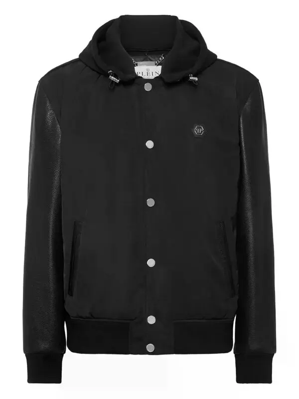 Philipp Plein Hooded Leather-sleeve Bomber Jacket - Black
