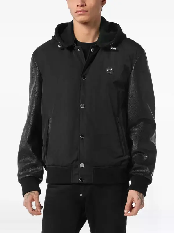Philipp Plein Hooded Leather-sleeve Bomber Jacket - Black