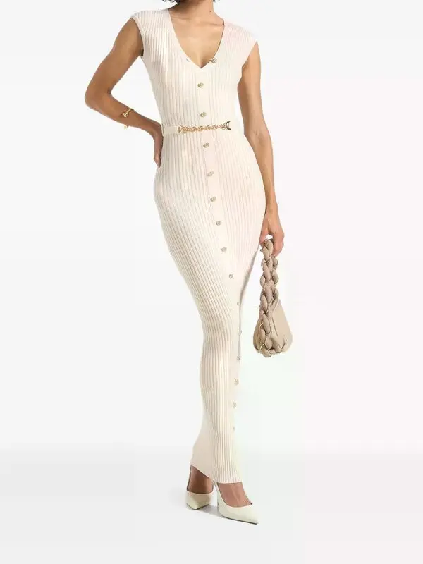Manière De Voir Belted Ribbed Knit Maxi Dress - Neutrals
