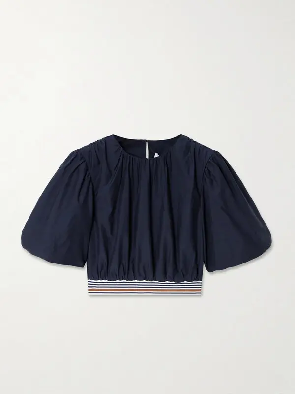 Veronica Beard Gabriela Cropped Striped Cotton And Silk-blend Blouse - Blue
