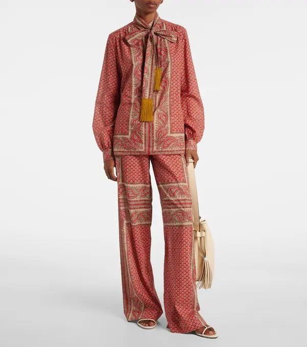 Valentino Garavani Printed Tie-neck Cotton Blouse