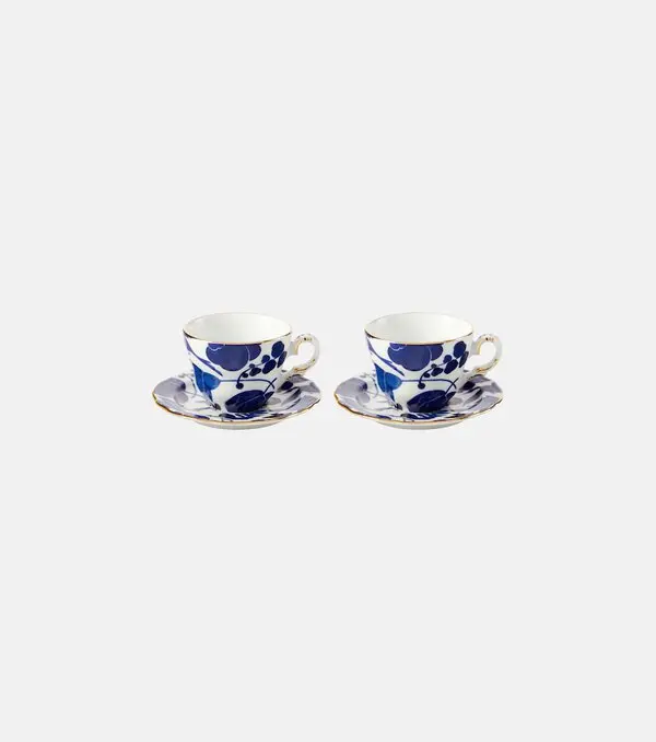La DoubleJ Mama Set Of 2 Floral Porcelain Teacups - Blue