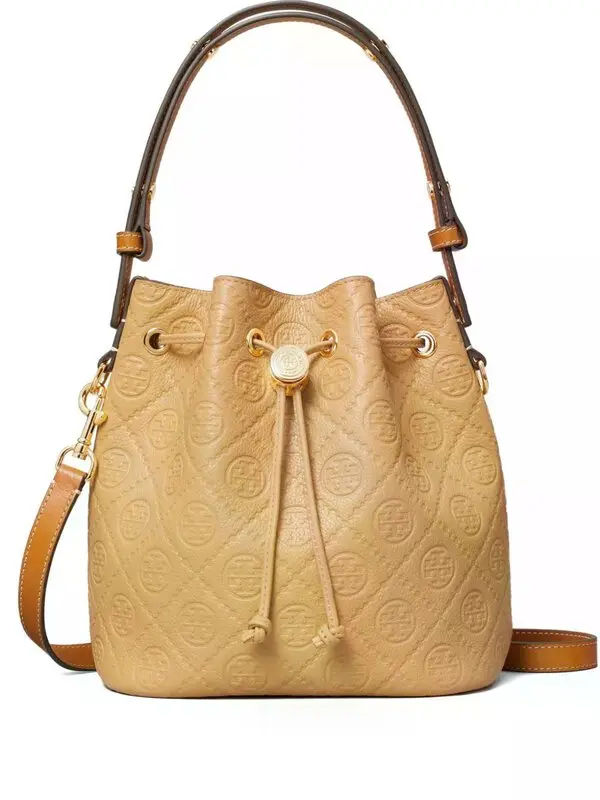 Tory Burch T Monogram Bucket Bag In Pebbled Leather - Neutrals