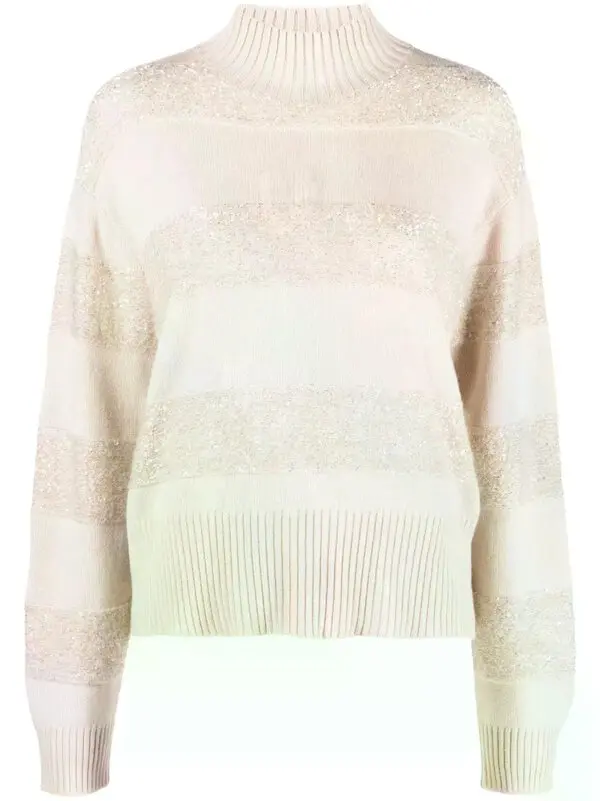 Brunello Cucinelli Beige Virgin Wool-cashmere Blend Striped Roll-neck Sweater
