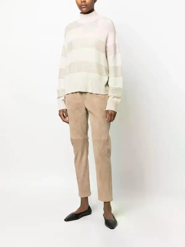 Brunello Cucinelli Beige Virgin Wool-cashmere Blend Striped Roll-neck Sweater