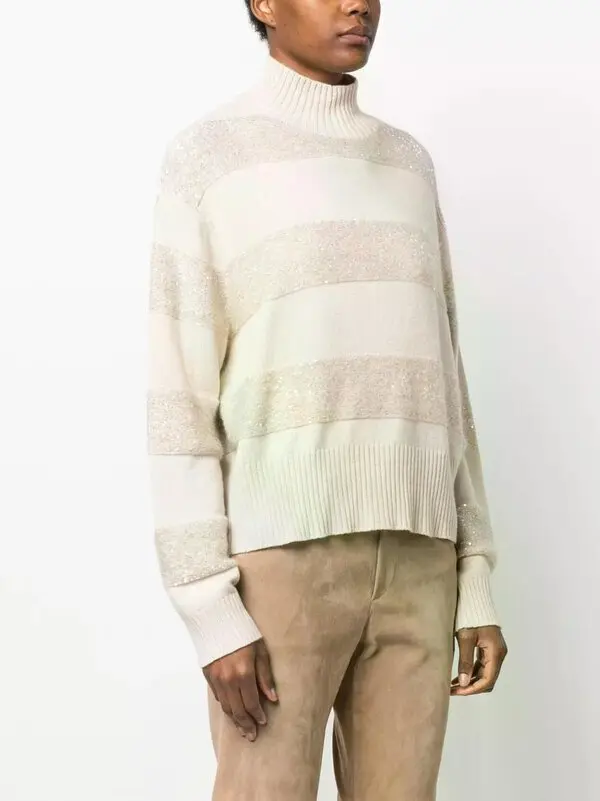 Brunello Cucinelli Beige Virgin Wool-cashmere Blend Striped Roll-neck Sweater