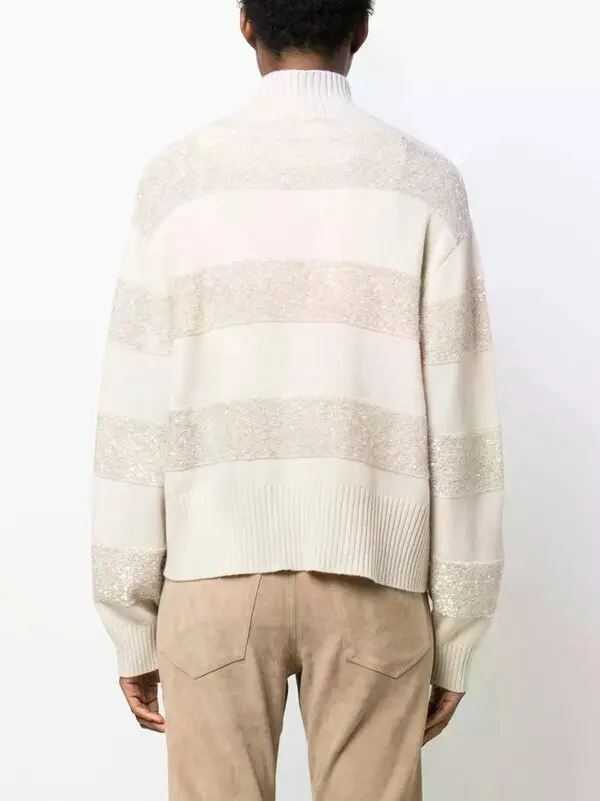 Brunello Cucinelli Beige Virgin Wool-cashmere Blend Striped Roll-neck Sweater