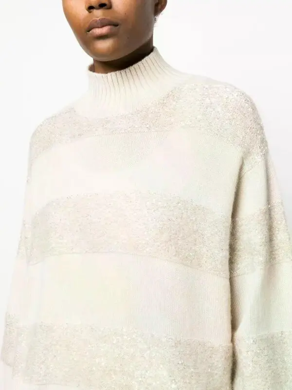 Brunello Cucinelli Beige Virgin Wool-cashmere Blend Striped Roll-neck Sweater