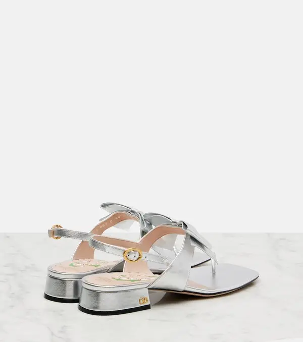 Valentino Garavani Bow Detailing Metallic Leather Thong Sandals - Silver
