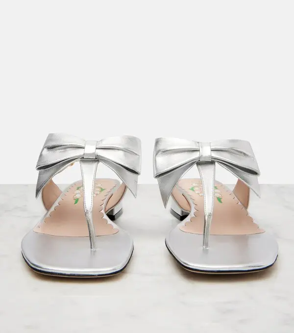 Valentino Garavani Bow Detailing Metallic Leather Thong Sandals - Silver