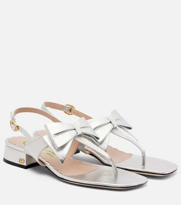 Valentino Garavani Bow Detailing Metallic Leather Thong Sandals - Silver