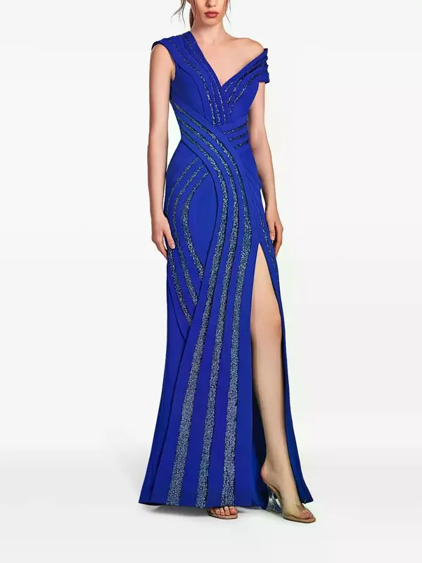 GABY CHARBACHY Cobalt Pleated Gown With Lurex Detailing
