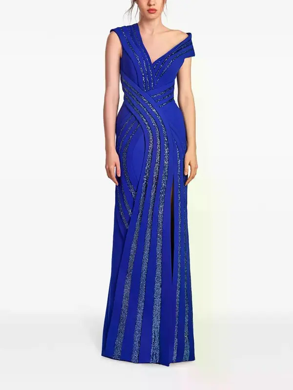GABY CHARBACHY Cobalt Pleated Gown With Lurex Detailing