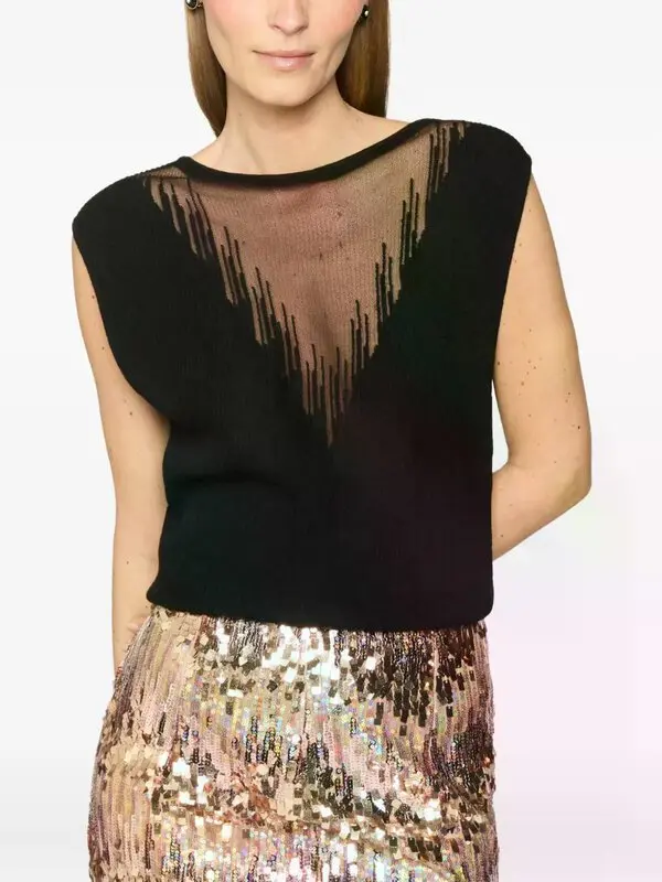 GENNY Sheer Panel Ribbed Knit Top - Black