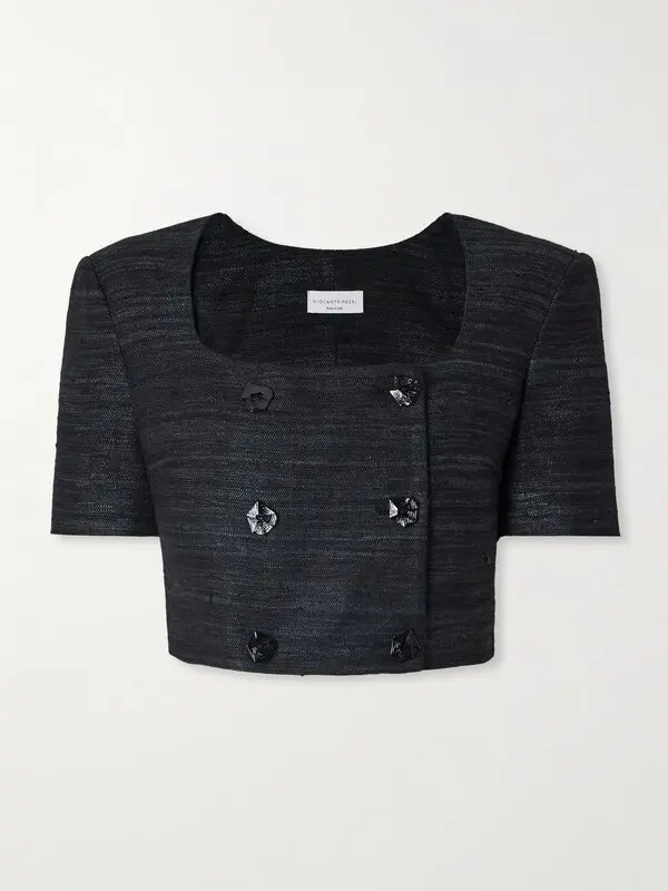 VIOLANTE NESSI Cropped Silk-tweed Double-breasted Top - Black