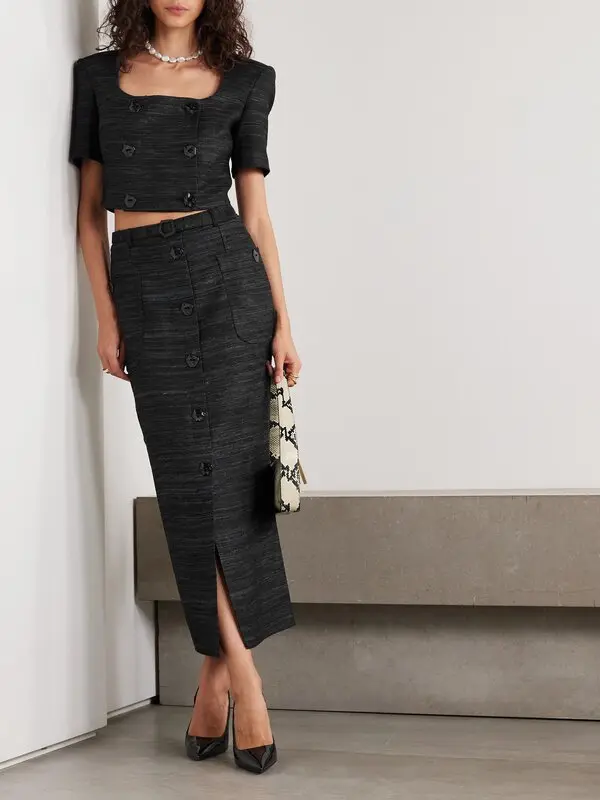 VIOLANTE NESSI Cropped Silk-tweed Double-breasted Top - Black
